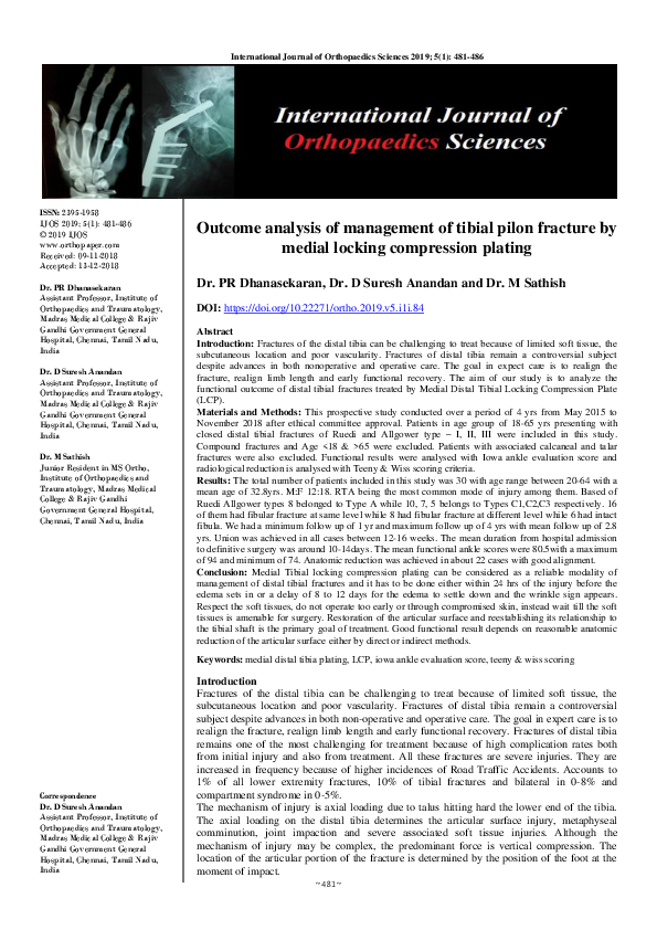 (PDF) Outcome analysis of management of tibial pilon fracture by medial ...