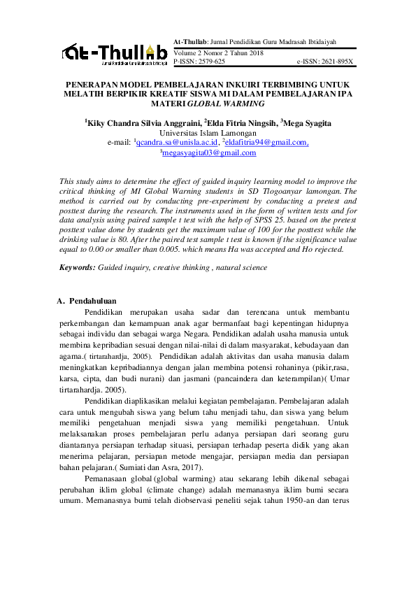 (PDF) Penerapan Model Pembelajaran Inkuiri Terbimbing Untuk Melatih Berpikir Kreatif Siswa MI ...