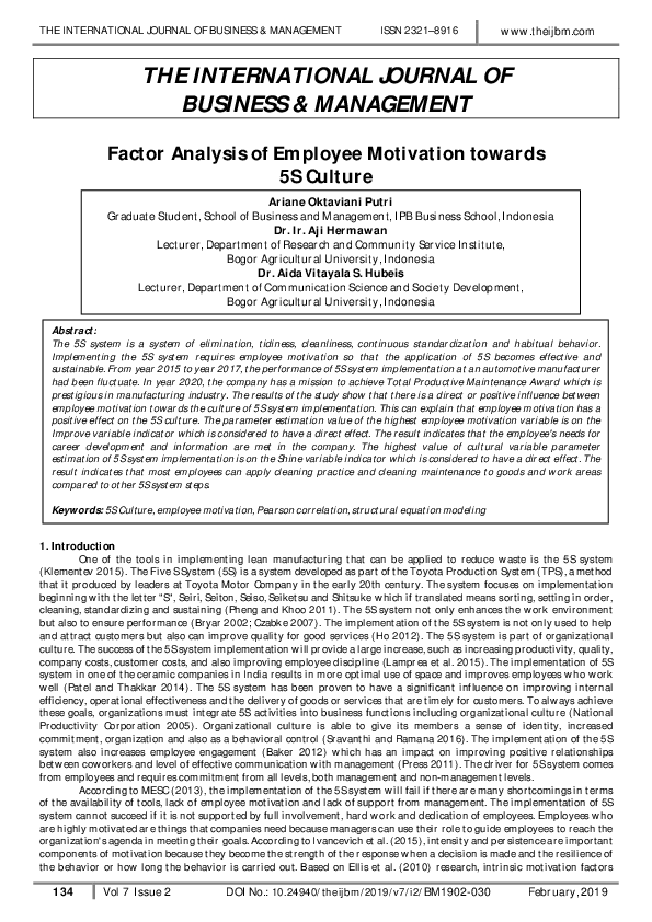 (PDF) Factor Analysis of Employee Motivation towards 5S Culture
