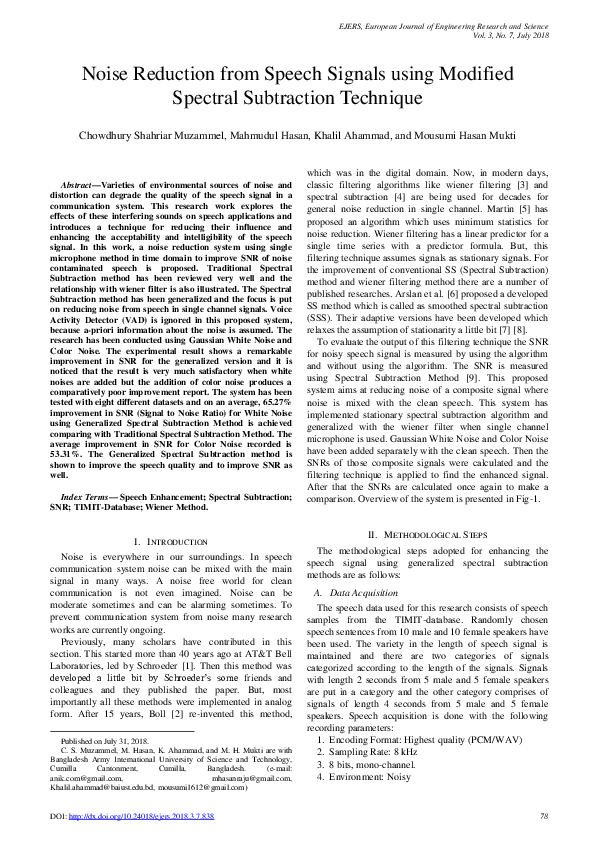 (PDF) Noise Reduction from Speech Signals using Modified Spectral Subtraction Technique
