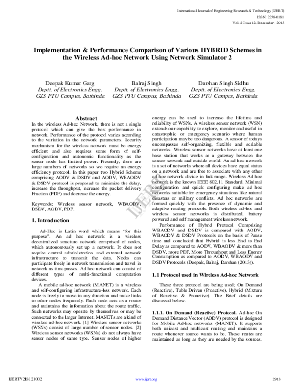Pdf Implementation And Performance Comparison Of Various Hybrid Schemes In The Wireless Ad Hoc 