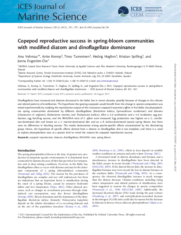 (PDF) Copepod reproductive success in spring-bloom communities with modified diatom and ...