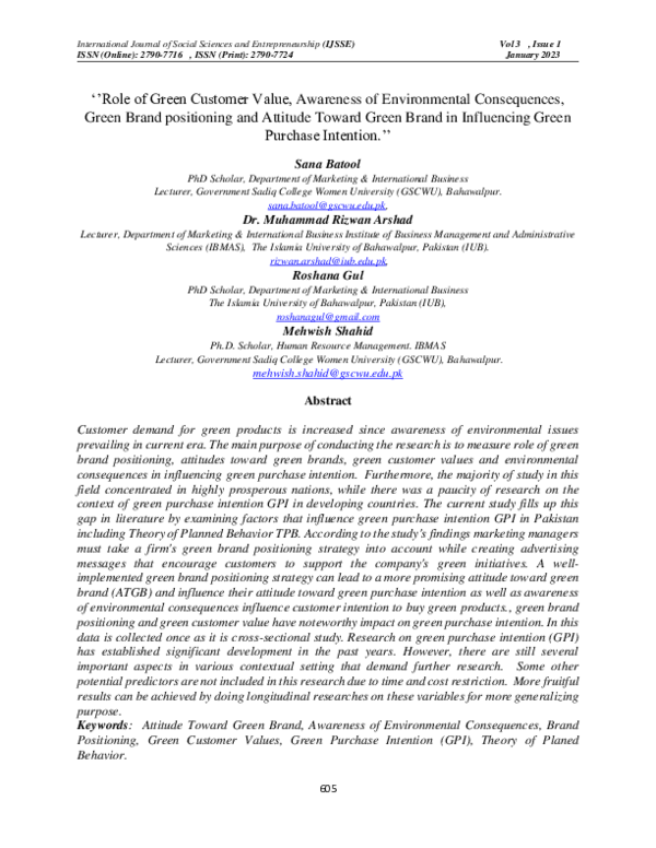 (PDF) ‘’Role of Green Customer Value, Awareness of Environmental Consequences, Green Brand ...