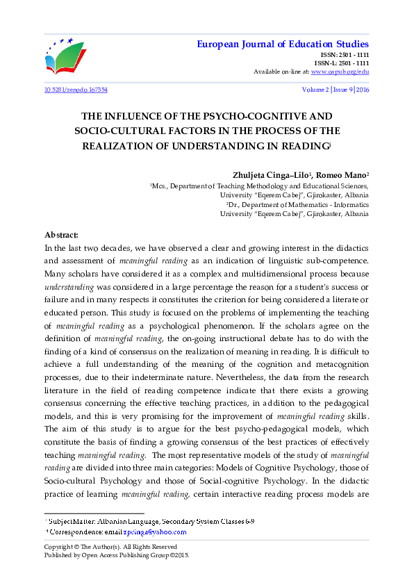 (PDF) The Influence Of The Psycho-Cognitive And Socio-Cultural Factors ...