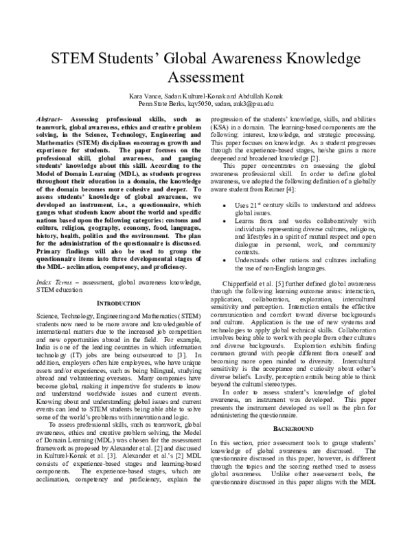 (PDF) STEM students' global awareness knowledge assessment