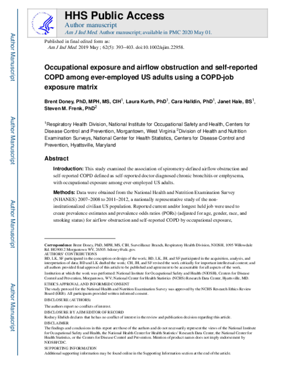 (PDF) Occupational exposure and airflow obstruction and self‐reported ...