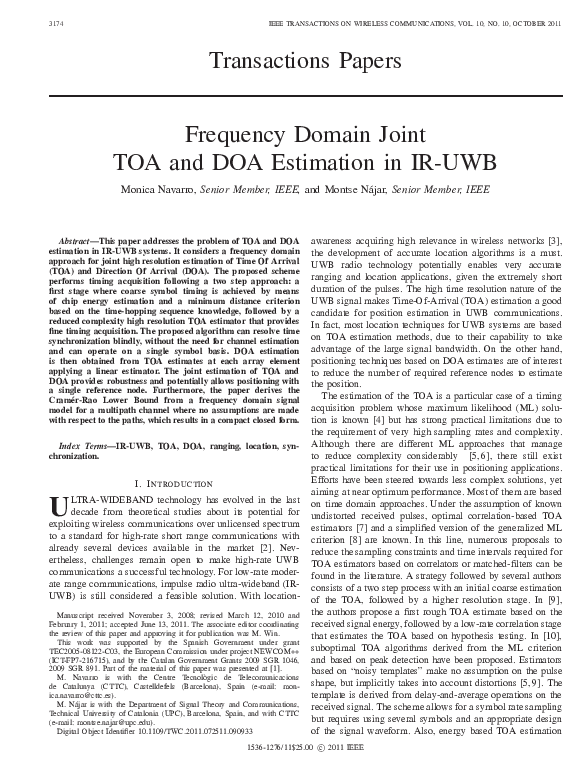 Pdf Frequency Domain Joint Toa And Doa Estimation In Ir Uwb