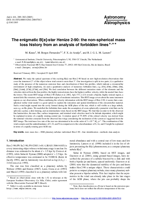 (PDF) The enigmatic B[e]-star Henize 2-90: the non-spherical mass loss ...