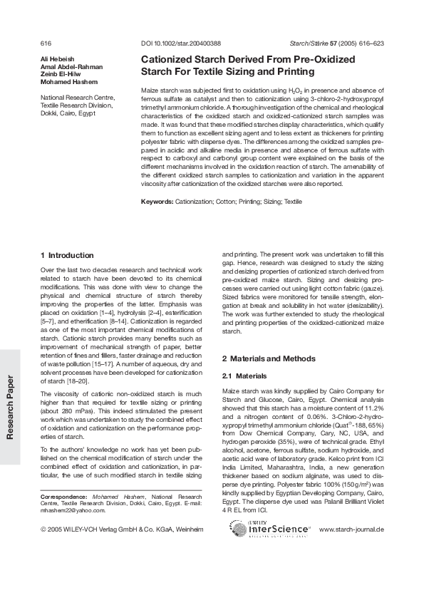 (PDF) Cationized Starch Derived From Pre-Oxidized Starch For Textile ...