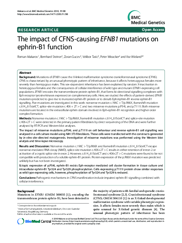 (PDF) The impact of CFNS-causing EFNB1 mutations on ephrin-B1 function | V. Tasic - Academia.edu