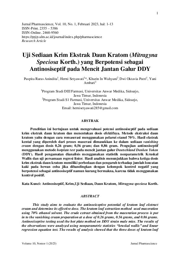 (PDF) Uji Sediaan Krim Ekstrak Daun Kratom (Mitragyna Speciosa Korth ...