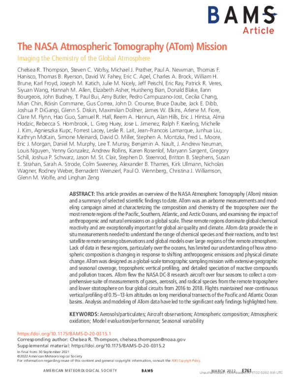 (PDF) The NASA Atmospheric Tomography (ATom) Mission: Imaging the Chemistry of the Global Atmosphere
