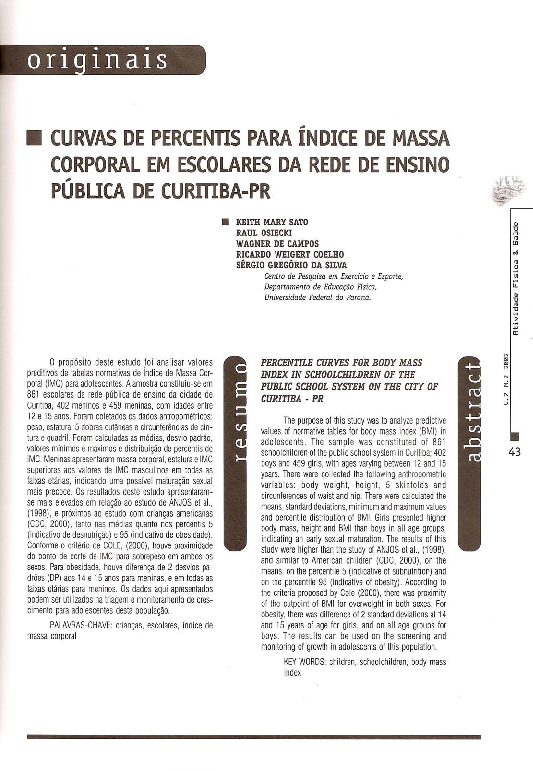 (PDF) Curvas De Percentis Para Índice De Massa Corporal Em Escolares Da ...