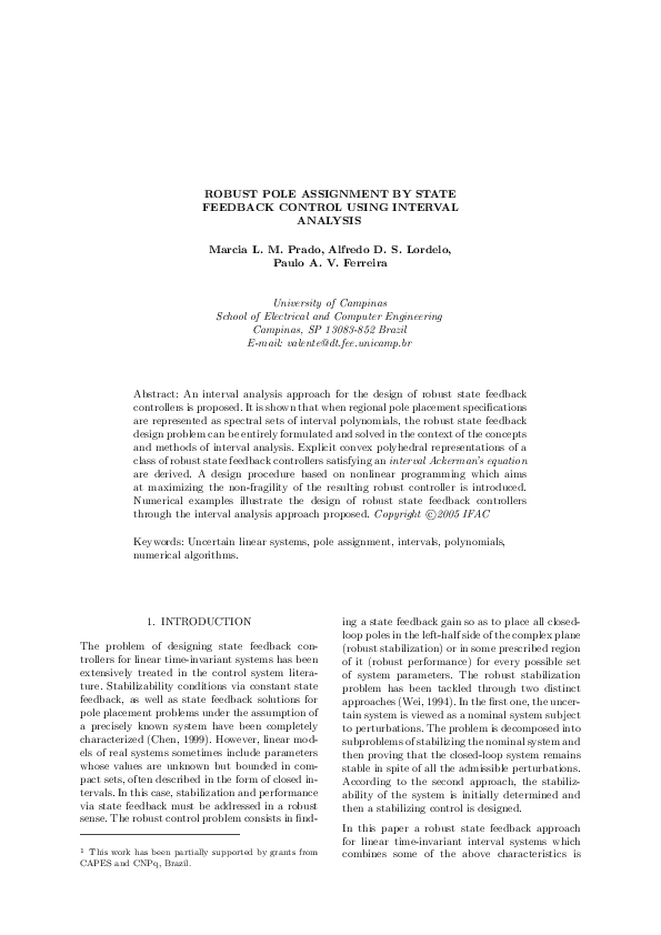 Pdf Robust Pole Assignment By State Feedback Control Using Interval Analysis Márcia 2745