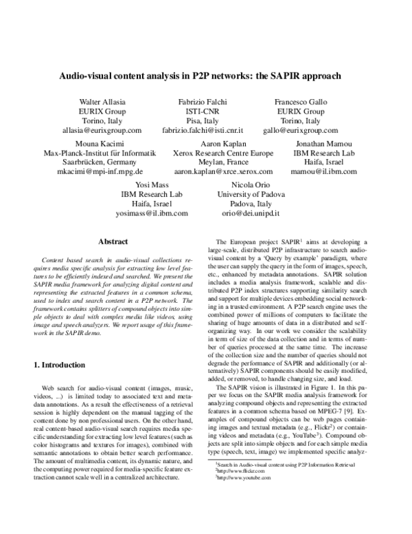 (PDF) Audio-Visual Content Analysis in P2P Networks: The SAPIR Approach | Mouna Kacimi ...