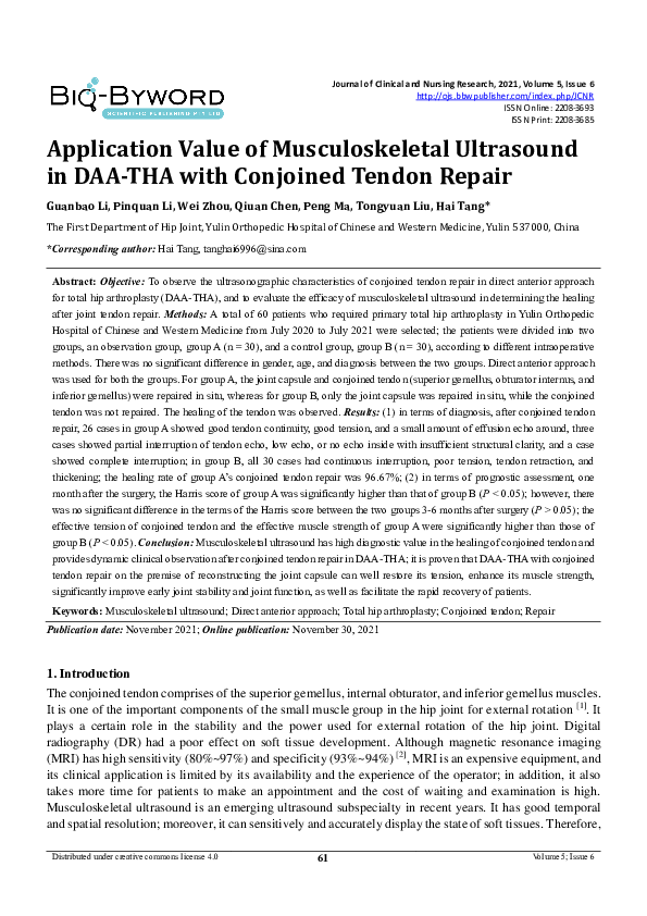 (PDF) Application Value of Musculoskeletal Ultrasound in DAA-THA with ...