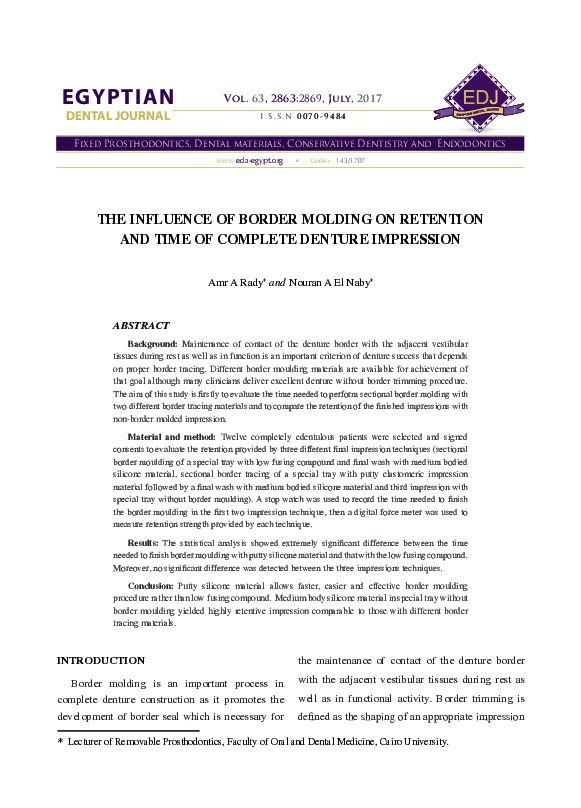 (PDF) The Influence of Border Molding on Retention and Time of Complete ...