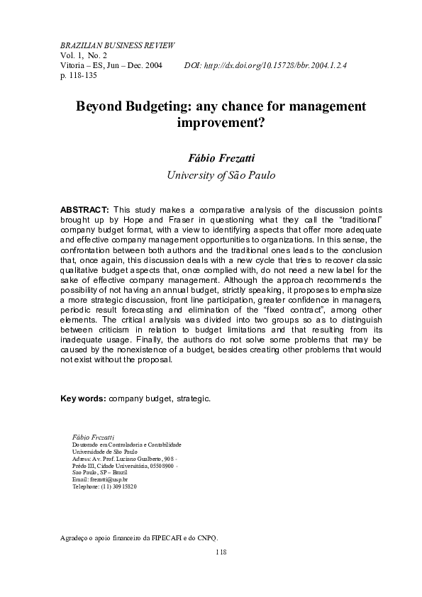 (PDF) Beyond Budgeting: any chance for management improvement?