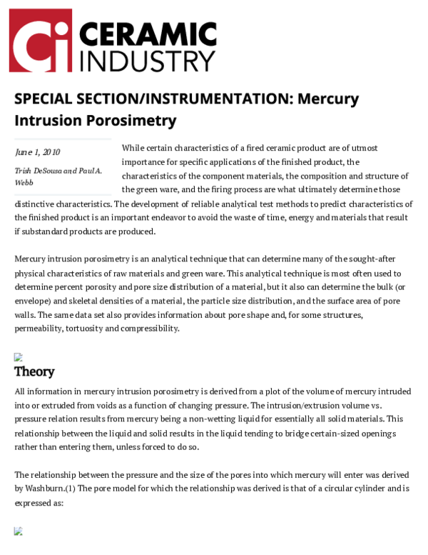 (PDF) Mercury intrusion porosimetry: mercury intrusion porosimetry is ...