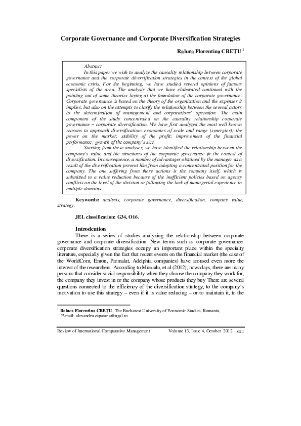 (PDF) Corporate Governance and Corporate Diversification Strategies