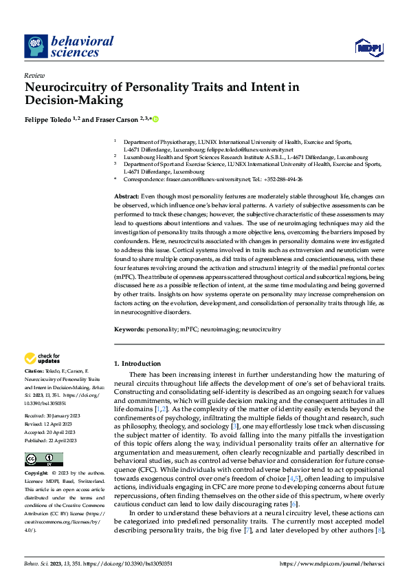 (PDF) Neurocircuitry of Personality Traits and Intent in Decision-Making