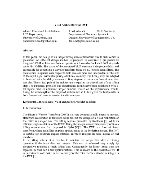 Doc Very Large Scale Integration Architecture For Integer Wavelet