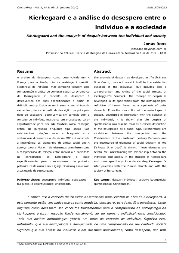 (PDF) Kierkegaard e a análise do desespero entre o indivíduo e a ...