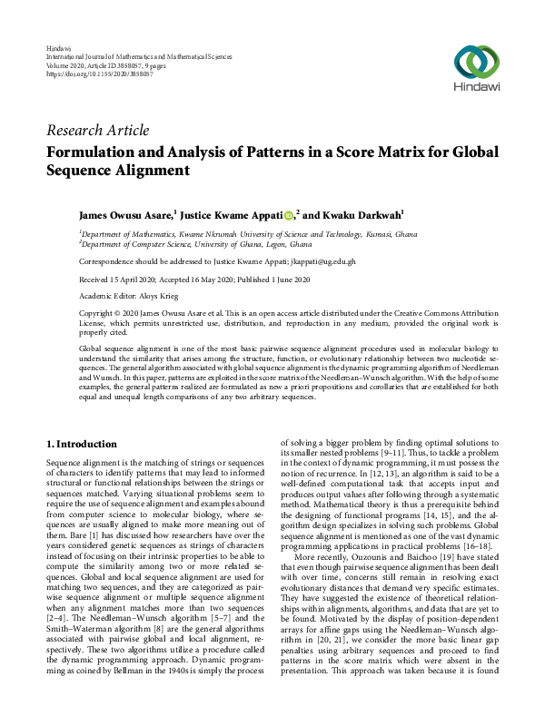 (PDF) Formulation and Analysis of Patterns in a Score Matrix for Global Sequence Alignment ...