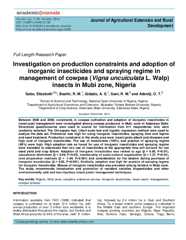 (PDF) Investigation on production constraints and adoption of inorganic insecticides and ...