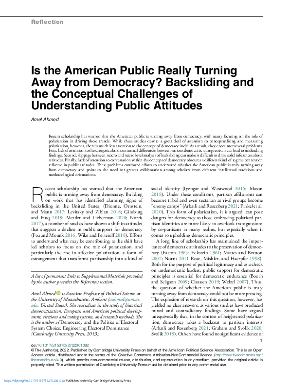 (PDF) Is the American Public Really Turning Away from Democracy? Backsliding and the Conceptual ...