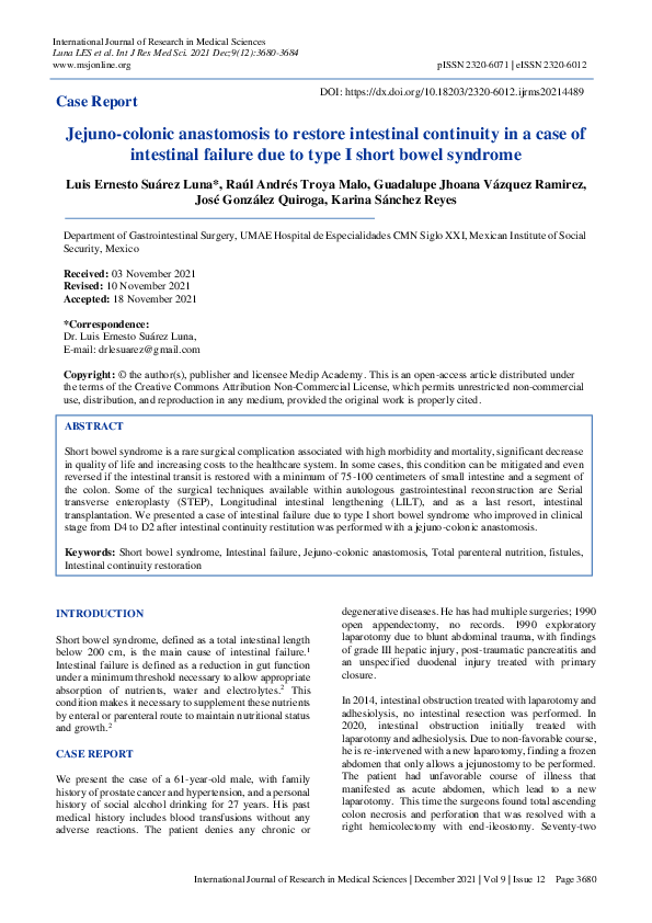 (PDF) Jejuno-colonic anastomosis to restore intestinal continuity in a ...