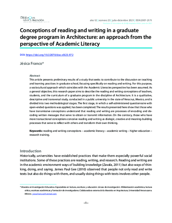 (PDF) Conceptions of reading and writing in a graduate degree program ...