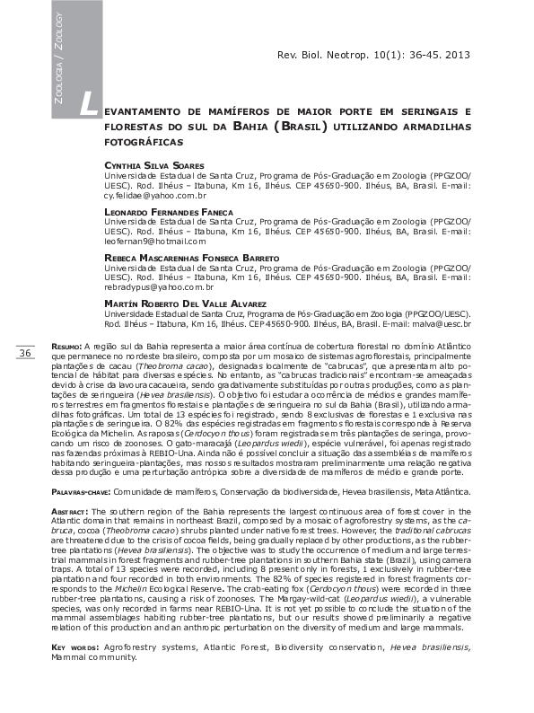 (PDF) Levantamento de mamíferos de maior porte em seringais e florestas do sul da Bahia (Brasil ...