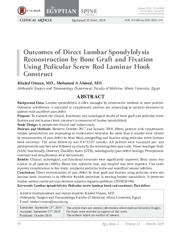 (PDF) Outcomes of Direct Lumbar Spondylolysis Reconstruction by Bone ...