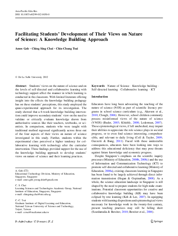 (PDF) Facilitating Students’ Development of Their Views on Nature of Science: A Knowledge ...