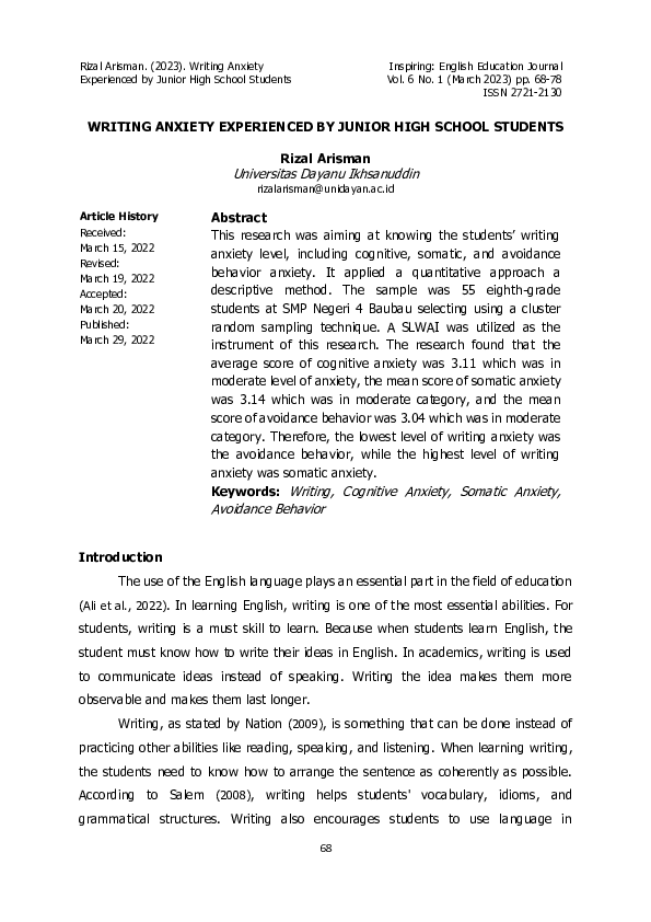 (PDF) Writing Anxiety Experienced by Junior High School Students
