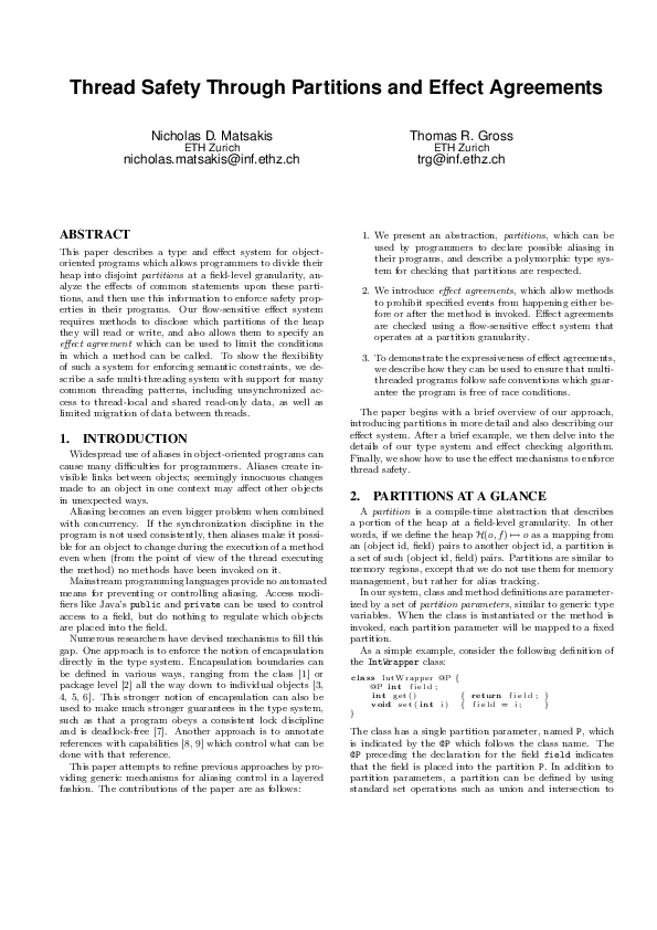 (PDF) Thread Safety through Partitions and Effect Agreements