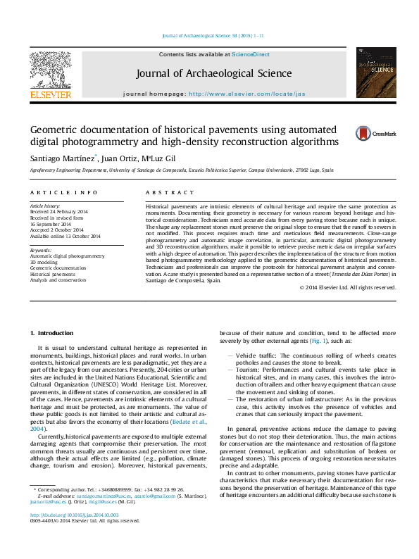 (PDF) Geometric documentation of historical pavements using automated digital photogrammetry and ...