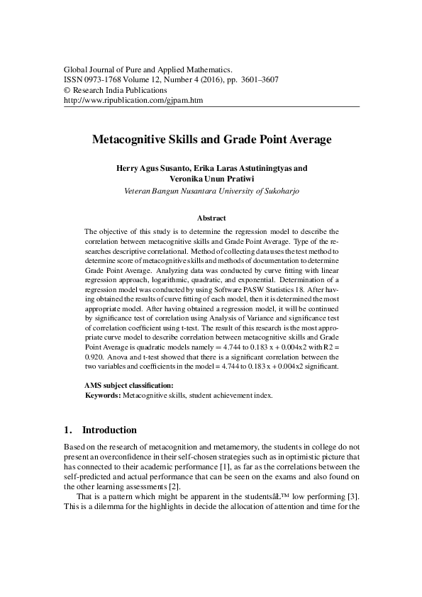 (PDF) Metacognitive Skills and Grade Point Average