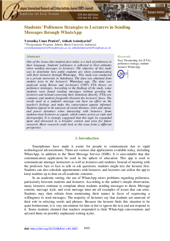 (PDF) Students' Politeness Strategies to Lecturers in Sending Messages ...