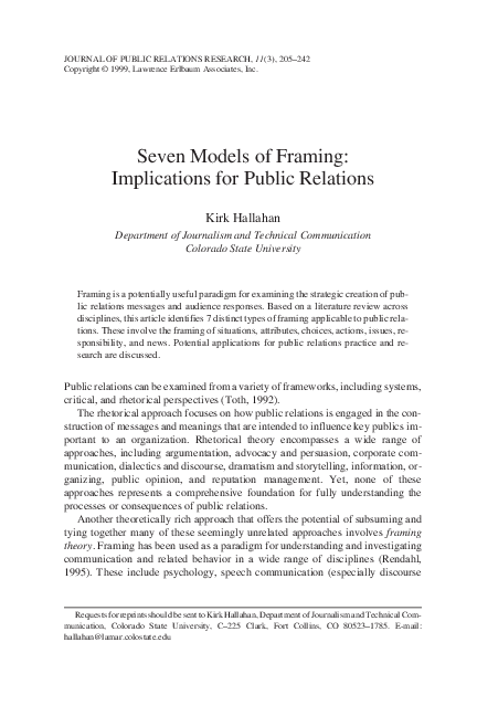(PDF) Seven Models of Framing: Implications for Public Relations