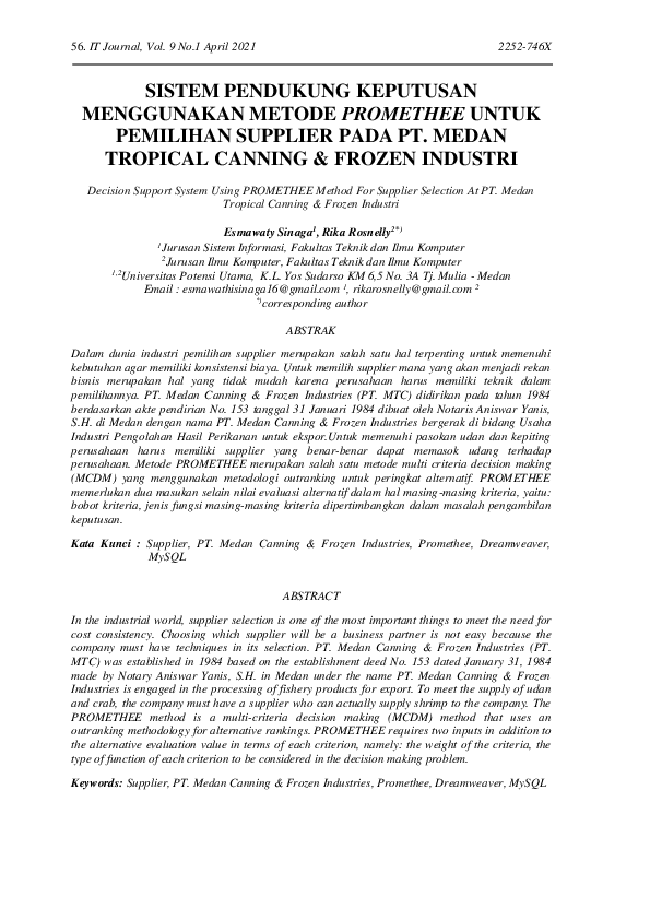 (PDF) Sistem Pendukung Keputusan Menggunakan Metode Promethee Untuk Pemilihan Supplier Pada Pt ...
