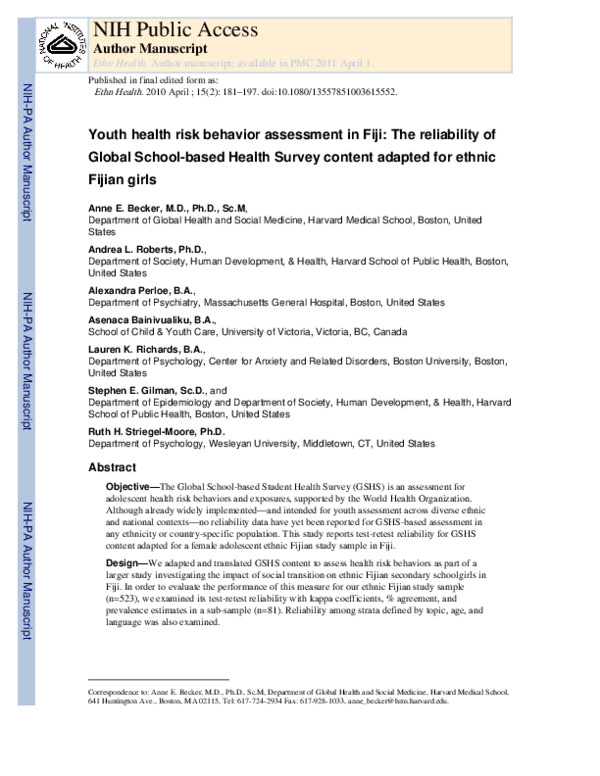 (PDF) Youth health-risk behavior assessment in Fiji: the reliability of ...