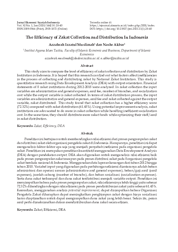 (PDF) The Efficiency of Zakat Collection and Distribution in Indonesia