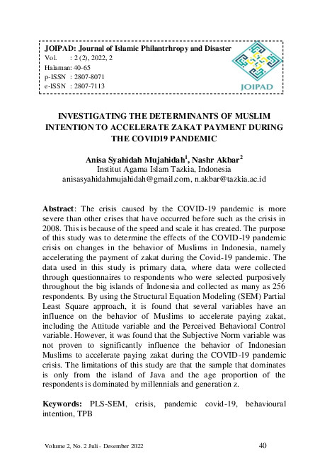 (PDF) Investigating The Determinants of Muslim Intention to Accelerate Zakat Payment During The ...