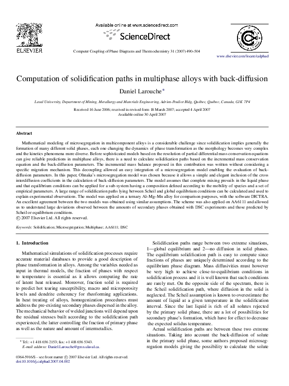 (PDF) Computation of solidification paths in multiphase alloys with back-diffusion