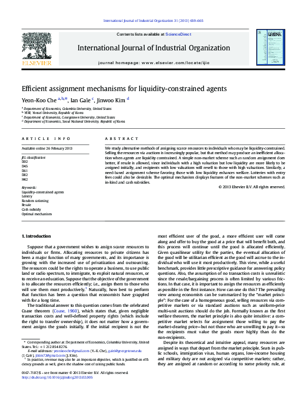 (PDF) Efficient assignment mechanisms for liquidity-constrained agents