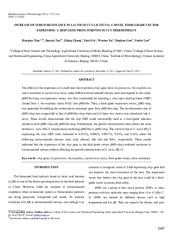 (PDF) Increase of stress resistance in Lactococcus lactis via a novel food-grade vector ...