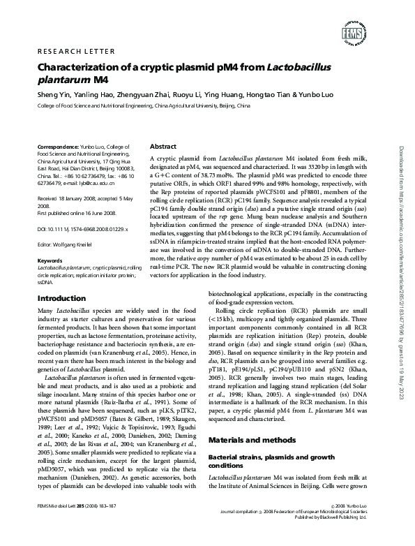 (PDF) Characterization of a cryptic plasmid pM4 fromLactobacillus ...
