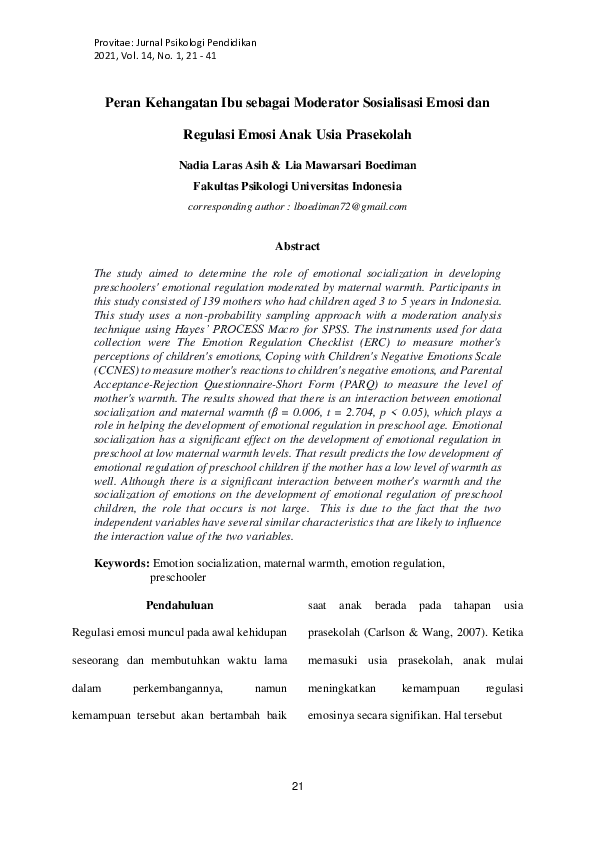 (PDF) Peran Kehangatan Ibu sebagai Moderator Sosialisasi Emosi dan ...